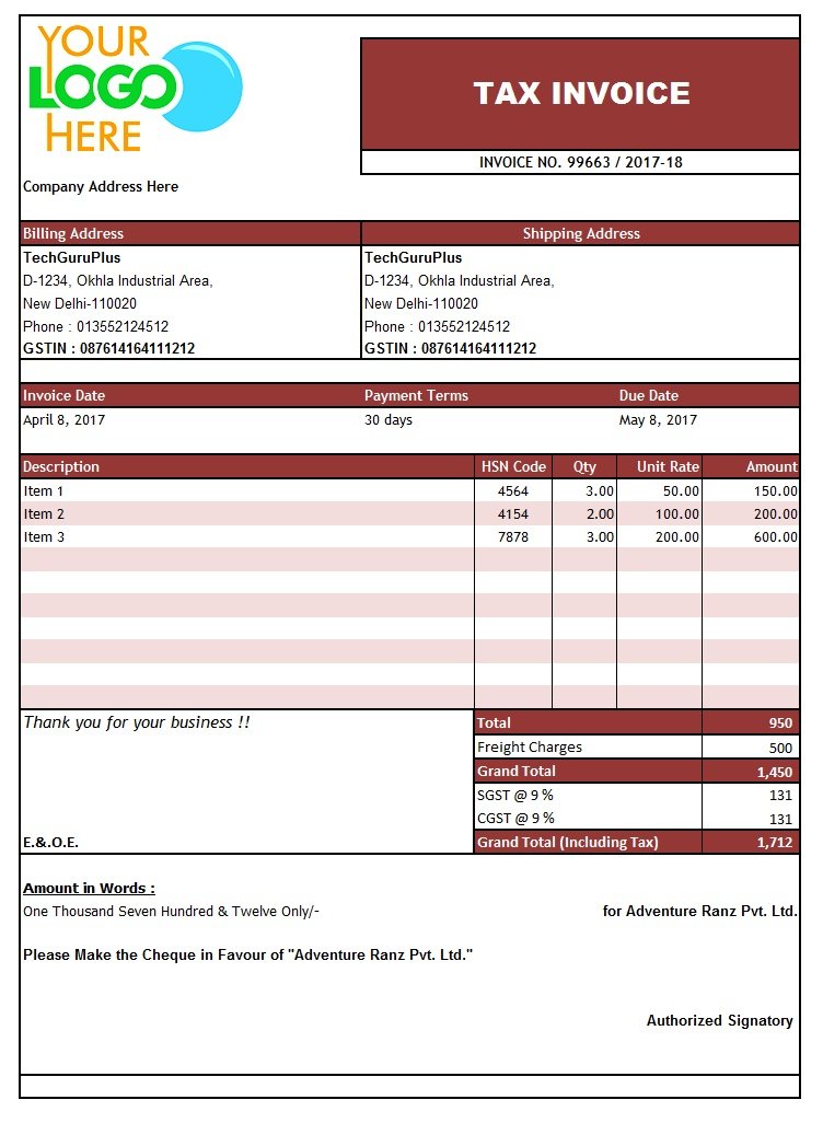 Gst Invoice Format In Excel Word Pdf And Jpeg Format No 13